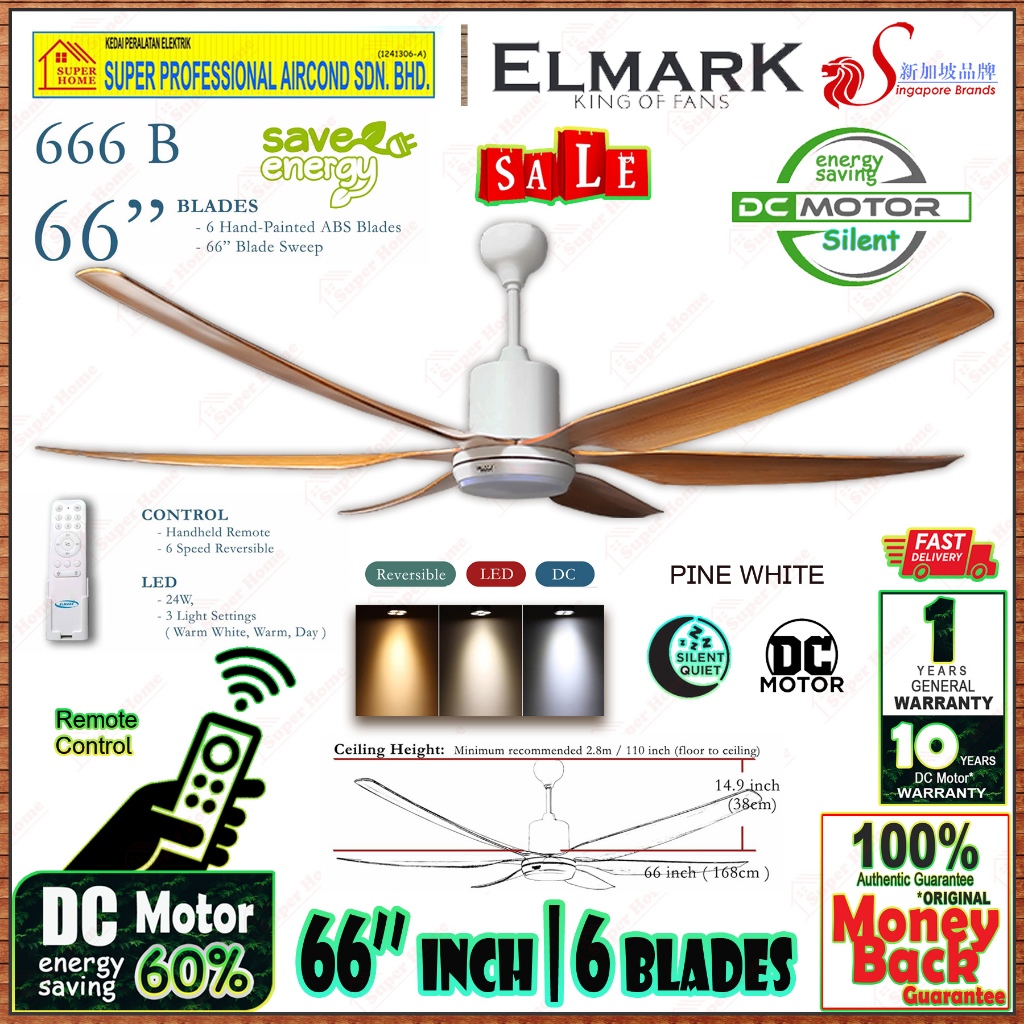 Elmark Ceiling Fan 666B PW 66 inch DC Motor Remote Control 6 Blades ...