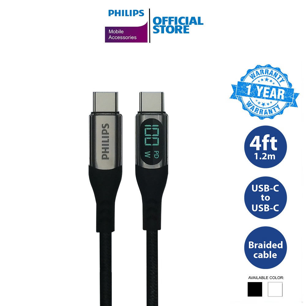 Philips USB Type-C To Type-C Charge And Sync Braided Cable With Display ...