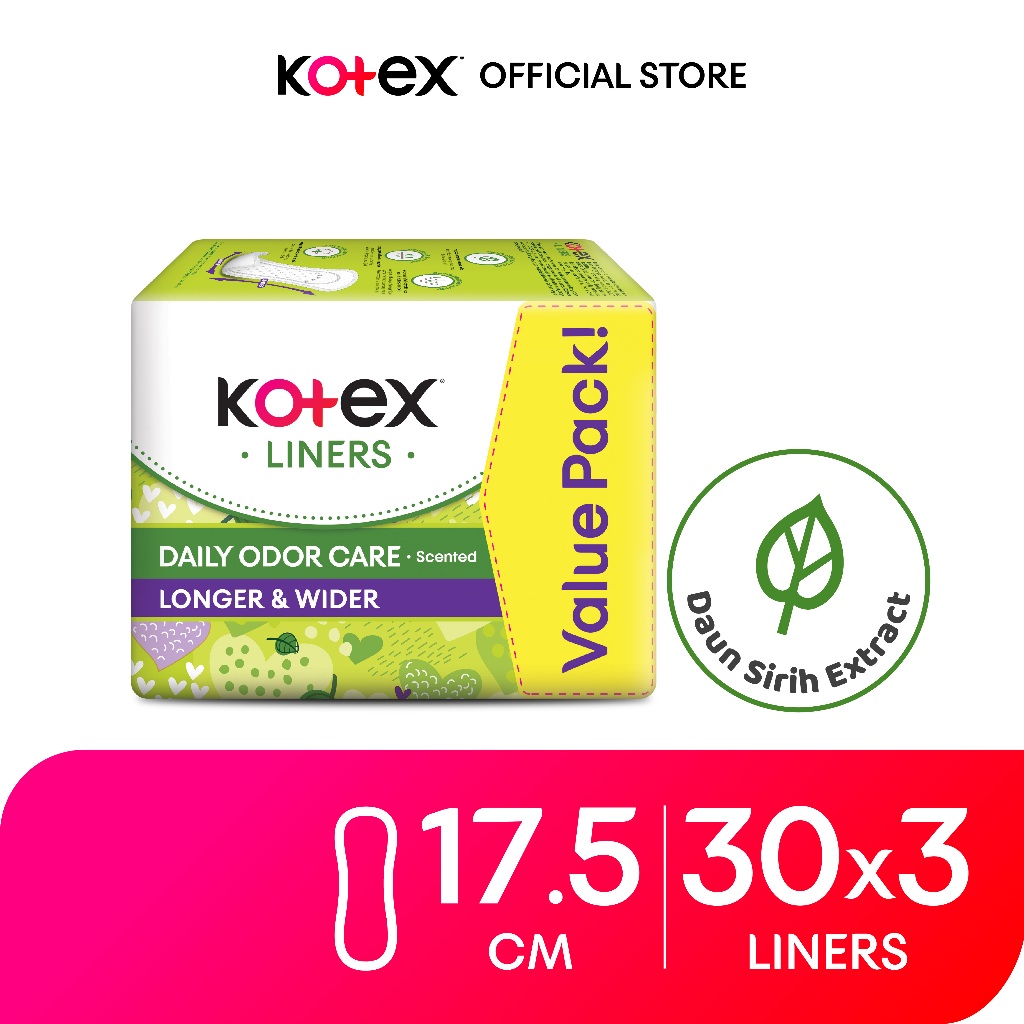 Kotex Longer & Wider Scented Panty Liners 17.5cm (30s x 3 Packs) - Odor ...