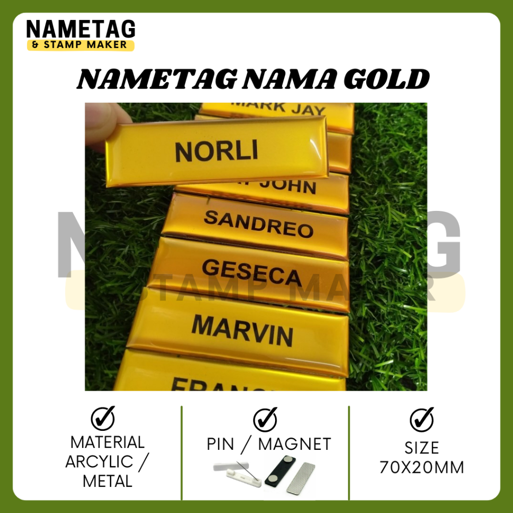 NAMETAG NAMA BACKGROUND GOLD ARCYLIC / METAL 70X20MM | Shopee Malaysia