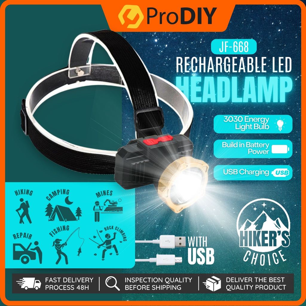 ( JF-668 ) Rechargeable Headlamp LED Adjustable Brightness Light USB ...