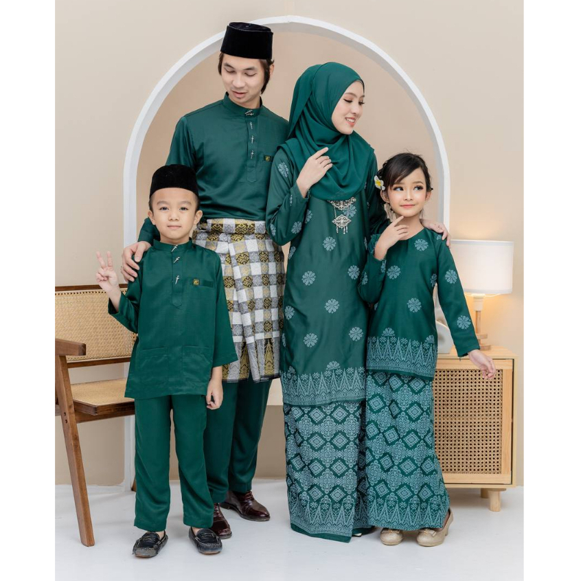 SET FAMILY EMERALD GREEN 〕 Baju Melayu + Kurung Moden Songket Bunga ...
