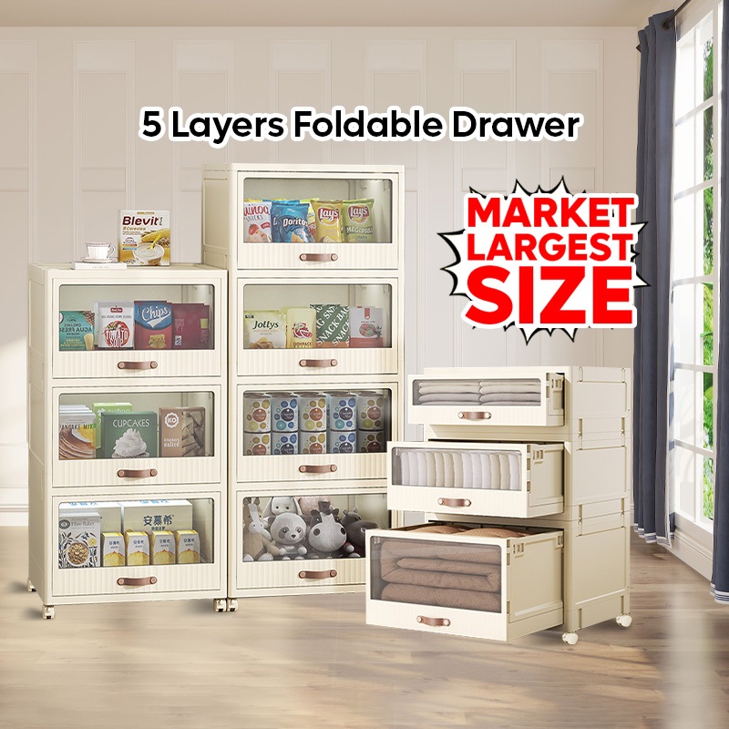 5 Layers Drawer Foldable Storage Box with Wheel Cabinet Stackable Organizers Kotak Simpanan Laci ...