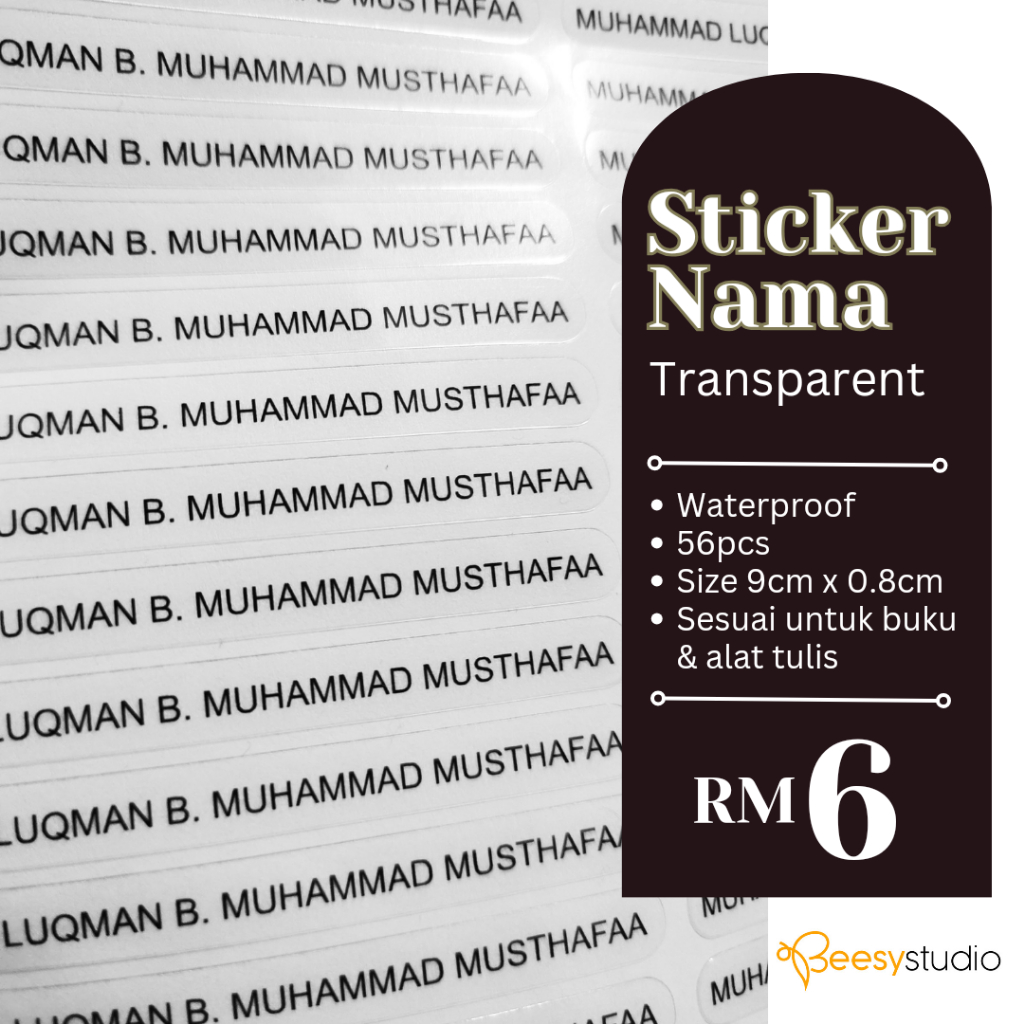STICKER NAMA TRANSPARENT (WATERPROOF) | Sticker Buku | Sticker Sekolah ...