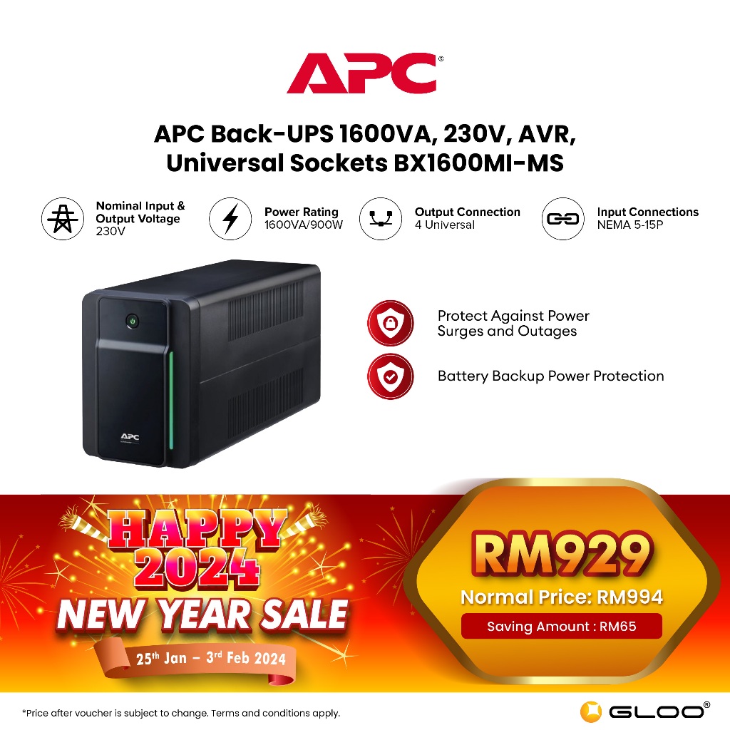 APC Back-UPS 1600VA, 230V, AVR, Universal Sockets BX1600MI-MS - Black ...