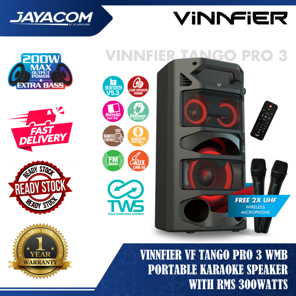 Vinnfier VF Tango Pro 3 WMB Portable Karaoke Speaker with RMS 200W (Free 2x UHF Wireless ...