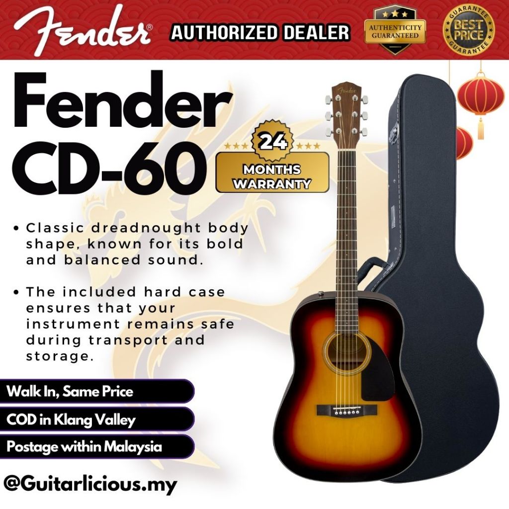 Fender CD-60 Dreadnought V3 Acoustic Guitar w/case, Walnut FB ...