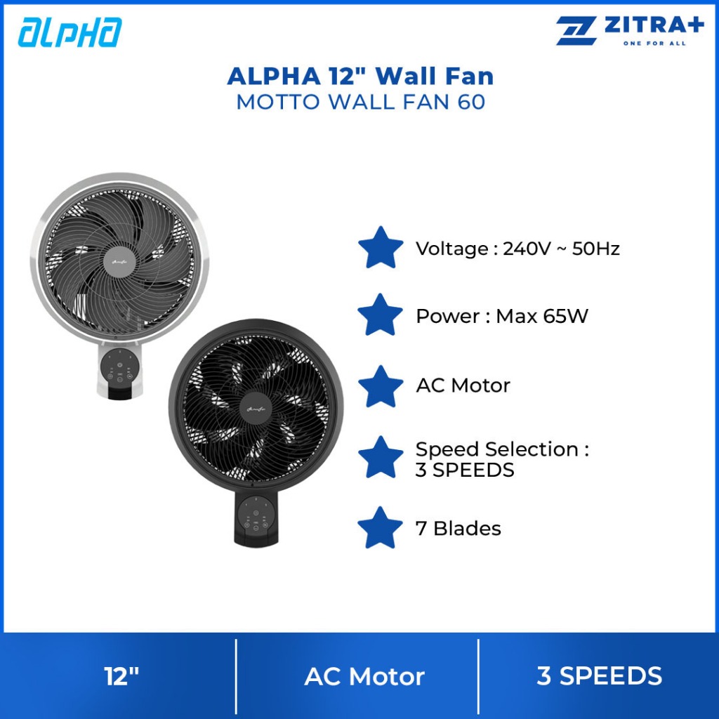 ALPHA 12" Wall Fan MOTTO WALL FAN 60 | 3 Fan Speed | 7 Blades | Auto ...