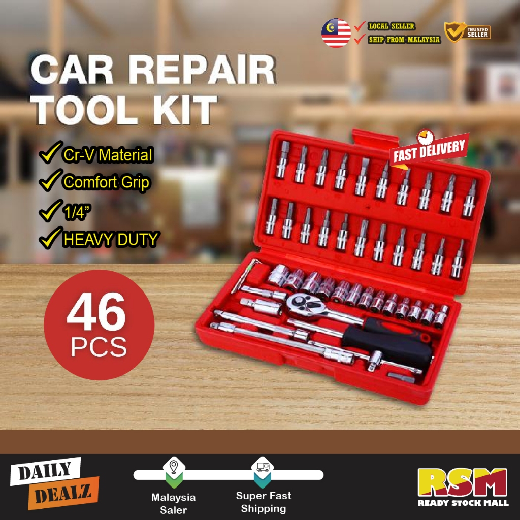 46pcs 1/4" Heavy Duty Spanner Wrench Set Socket Ratchet Combination ...