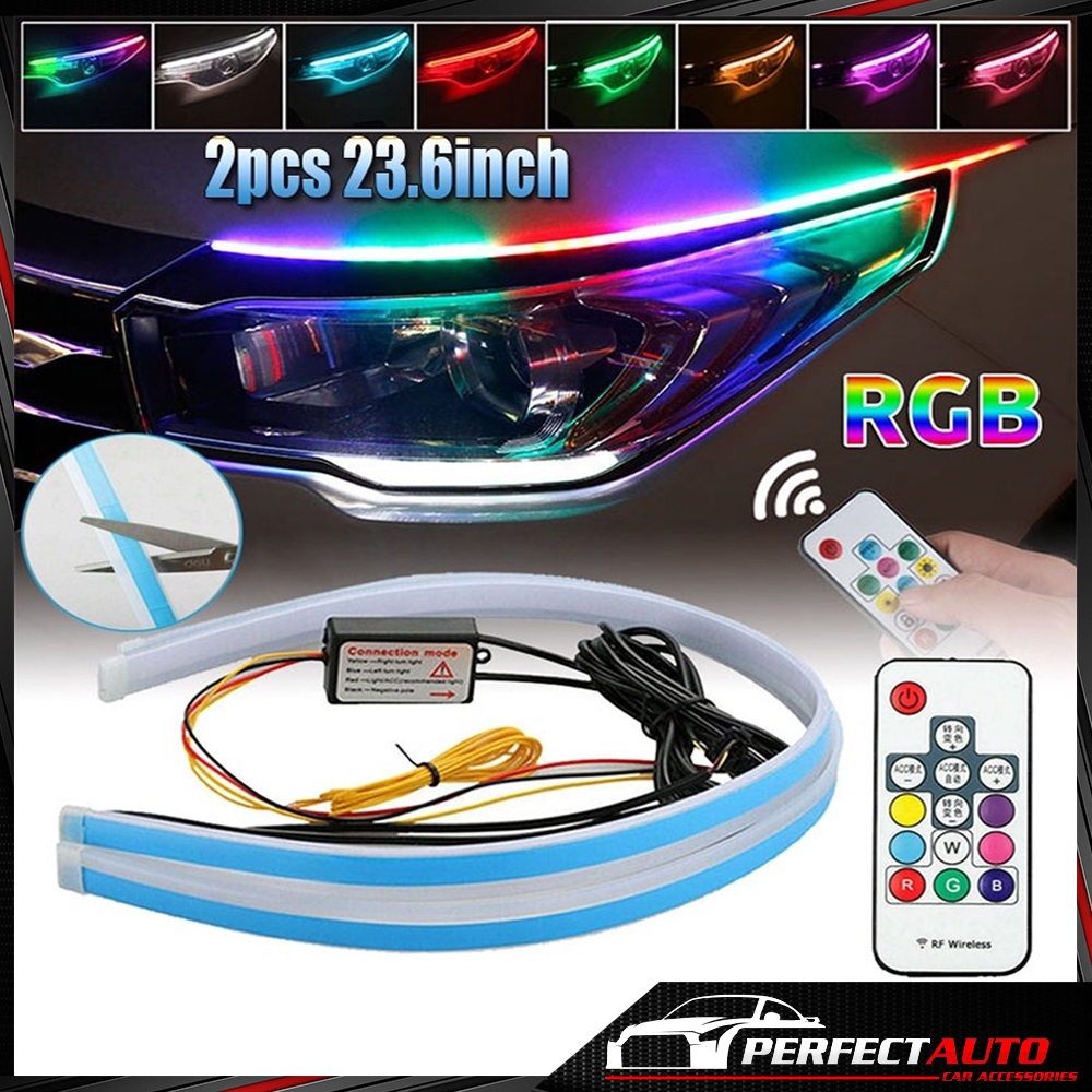 2pcs Ultra Thin Car Flexible Tube LED Strip RGB DRL Running Light Turn ...