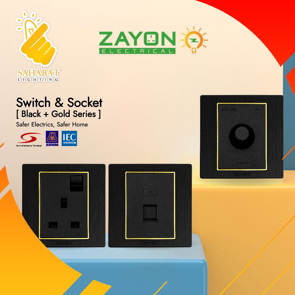 Zayon(LINEAR) Modern Socket Wall Switch Socket 13A 15A 20A Door Bell [Black+Gold Series] Plug ...