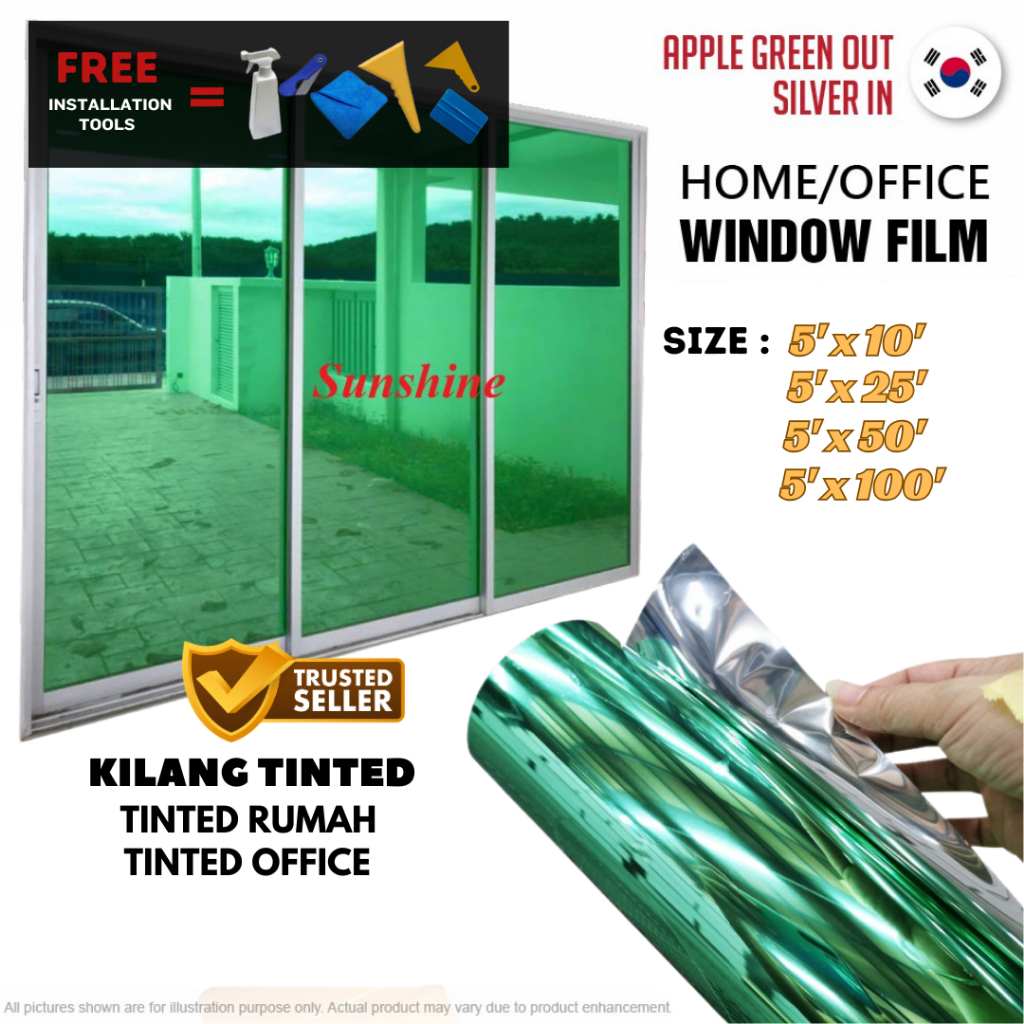 Tinted Murah FREE TOOLS/2ply-AppleGreen Silver/Korea Film/5ft x10ft/25ft/50ft/100ft/Tahan Panas ...