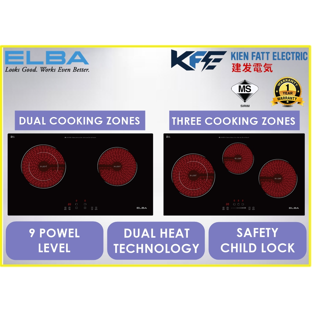 Elba Built-In Ceramic Hob Dual Cooking Zones ECHQ7032ST(BK)/ Three ...