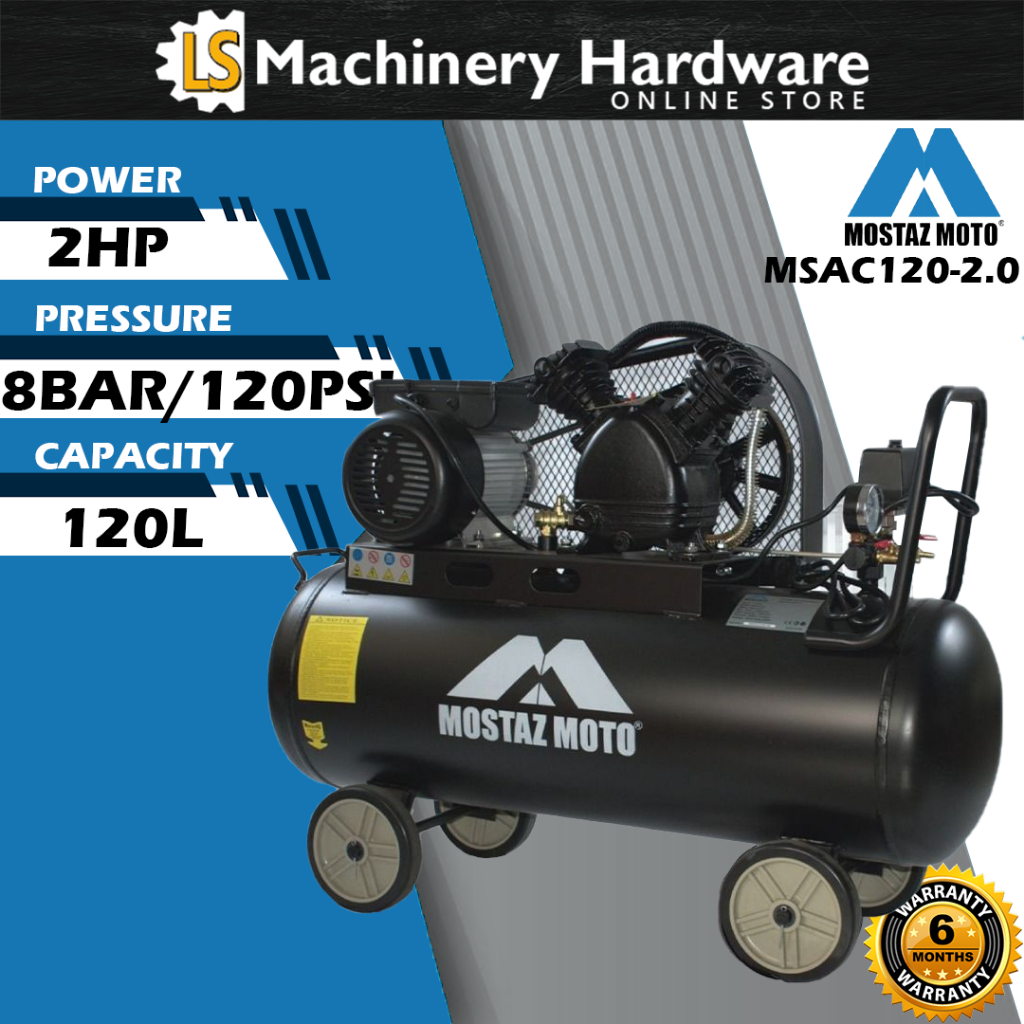 MOSTAZ MOTO Air Compressor Belting Type 2HP 120Litre 115psi/8Bar ...
