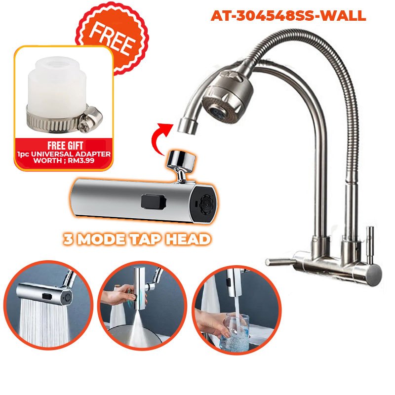 Atocco 304 Kitchen Faucet Stainless Steel Twin Pillar Wall Mounted Tap ...