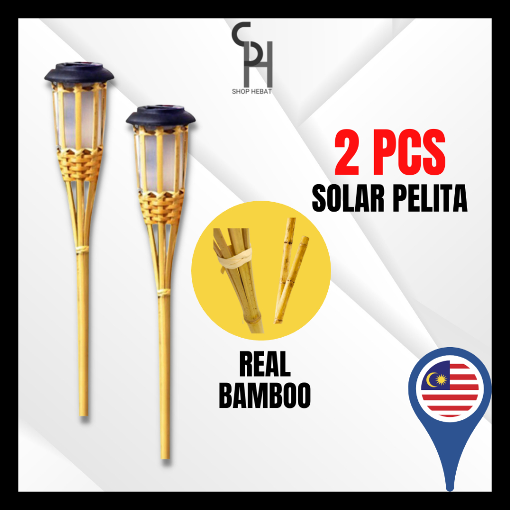 HEBAT👍 2PCS Lampu Pelita Raya LED Solar Bamboo Torch Light Flame Light ...