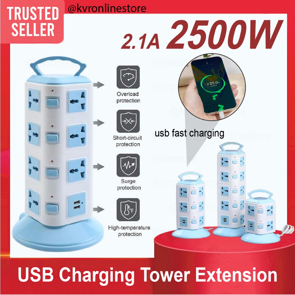 Universal Tower Extension Surge Protector Power Strip Multi Switch Socket Plugs USB Charging ...