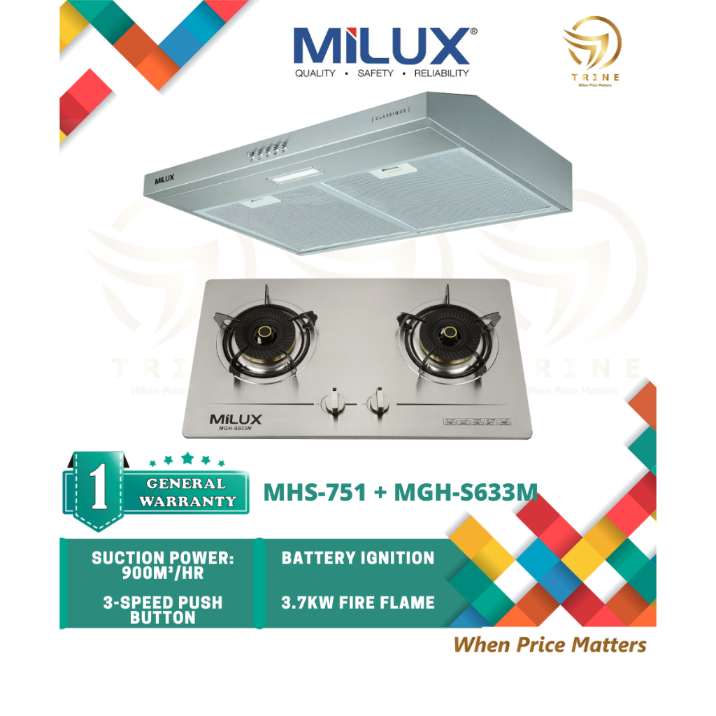MILUX 70CM STAINLESS STEEL SLIM HOOD MHS-S751 AND GAS HOB MGH-S633M MGH ...