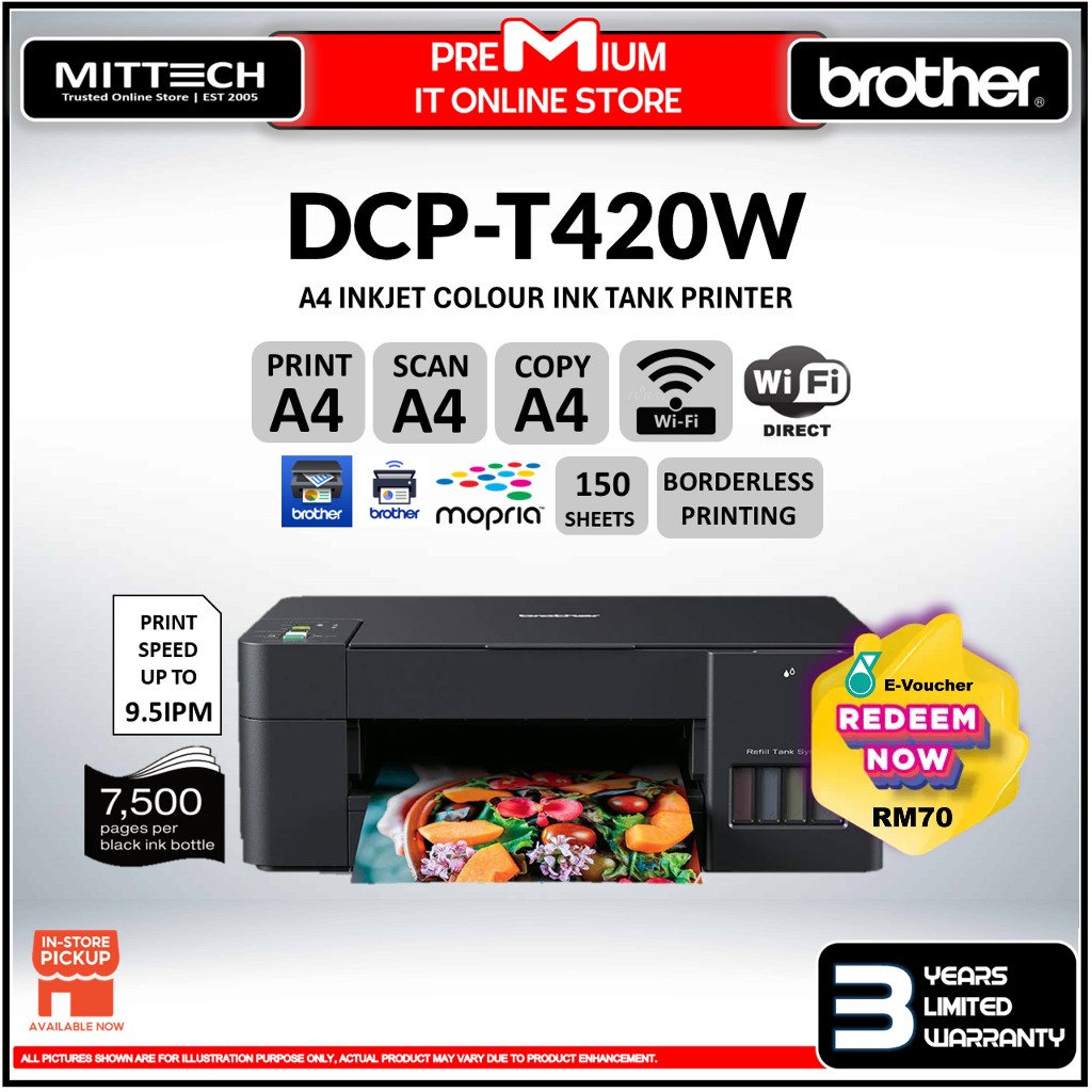 Brother Colour Inkjet Ink Tank Printer A4 3in1 DCP-T420W | AirPrint Not ...