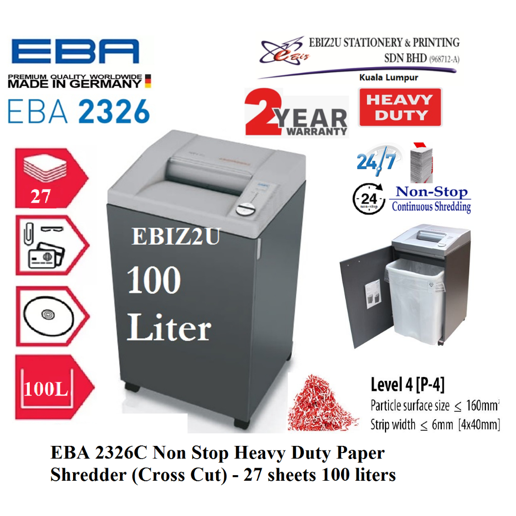 EBA 2326C Non Stop Heavy Duty Paper Shredder (Cross Cut) 4x40mm - 27 ...