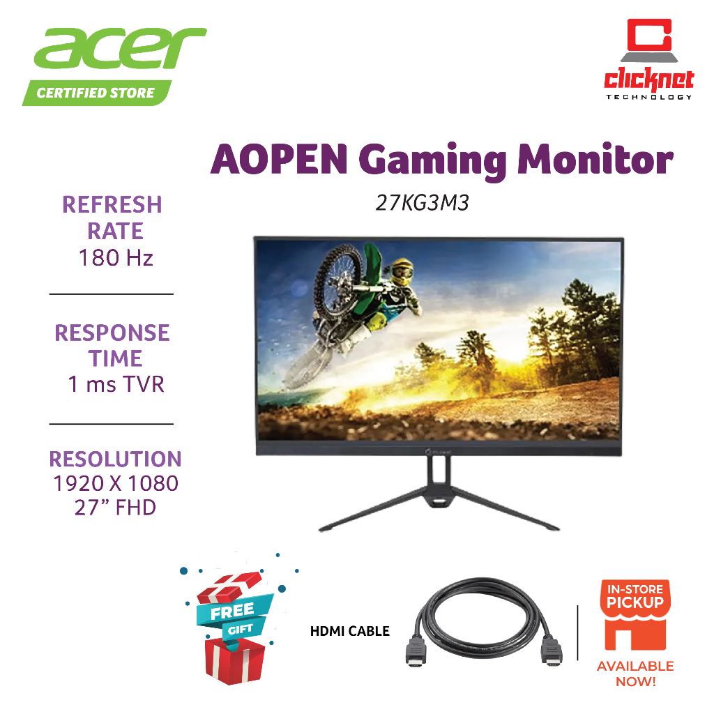 ACER AOPEN 27KG3 M3 / 27KGM3 27" GAMING MONITOR ( 27" IPS FHD / 0.5MS / 180HZ / AMD FREESYNC ...