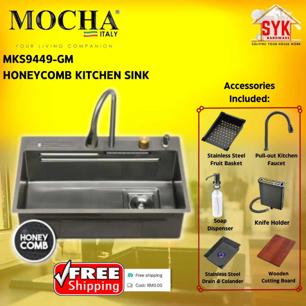 SYK Free Shipping Mocha MKS9449-GM HoneyComb Kitchen Sink with Water ...