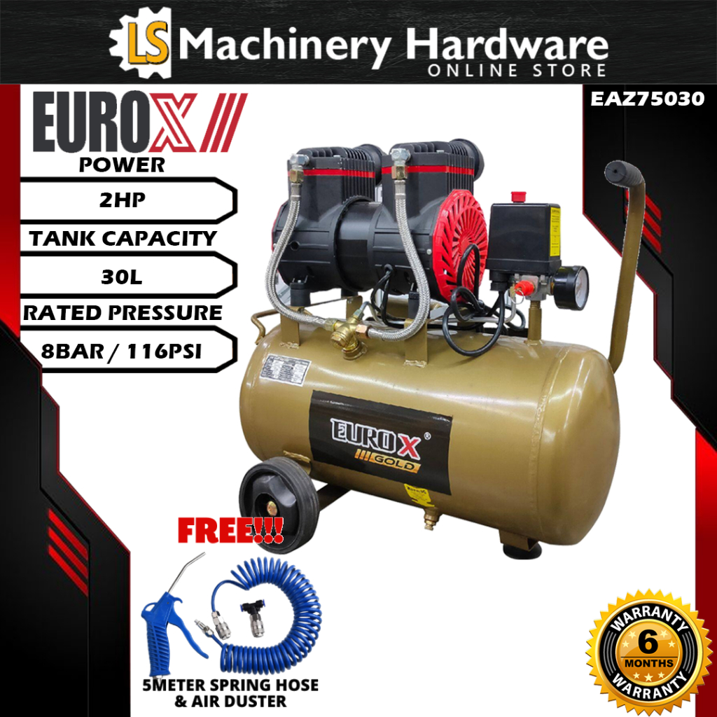 Eurox Gold EAZ-75030 2.0HP 30Litre Oil Free Silent Air Compressor - 8Bar & 120L/min Air Flow - 6 ...