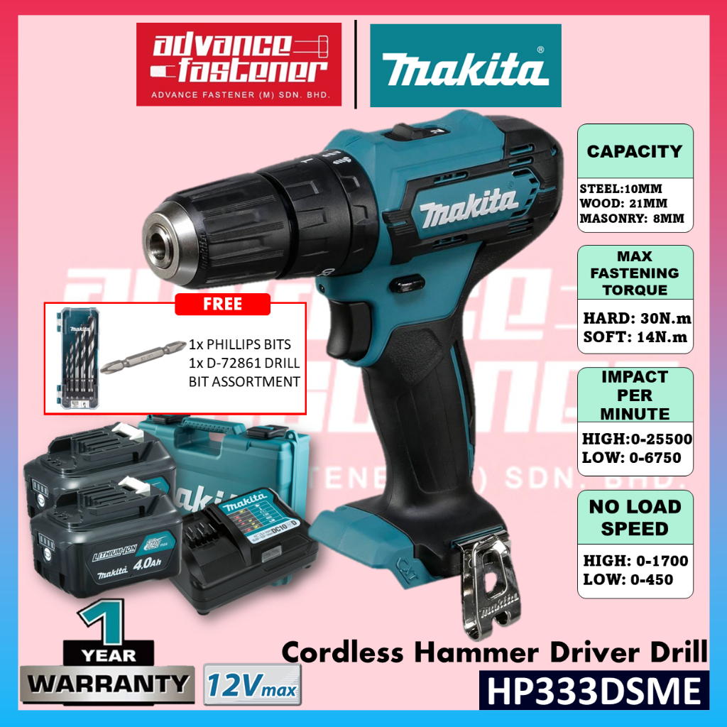 MAKITA HP333DSME / HP333DWAE / HP333DWYE / HP333DZ 12Vmax Cordless Hammer Driver Drill 10MM (3/8 ...