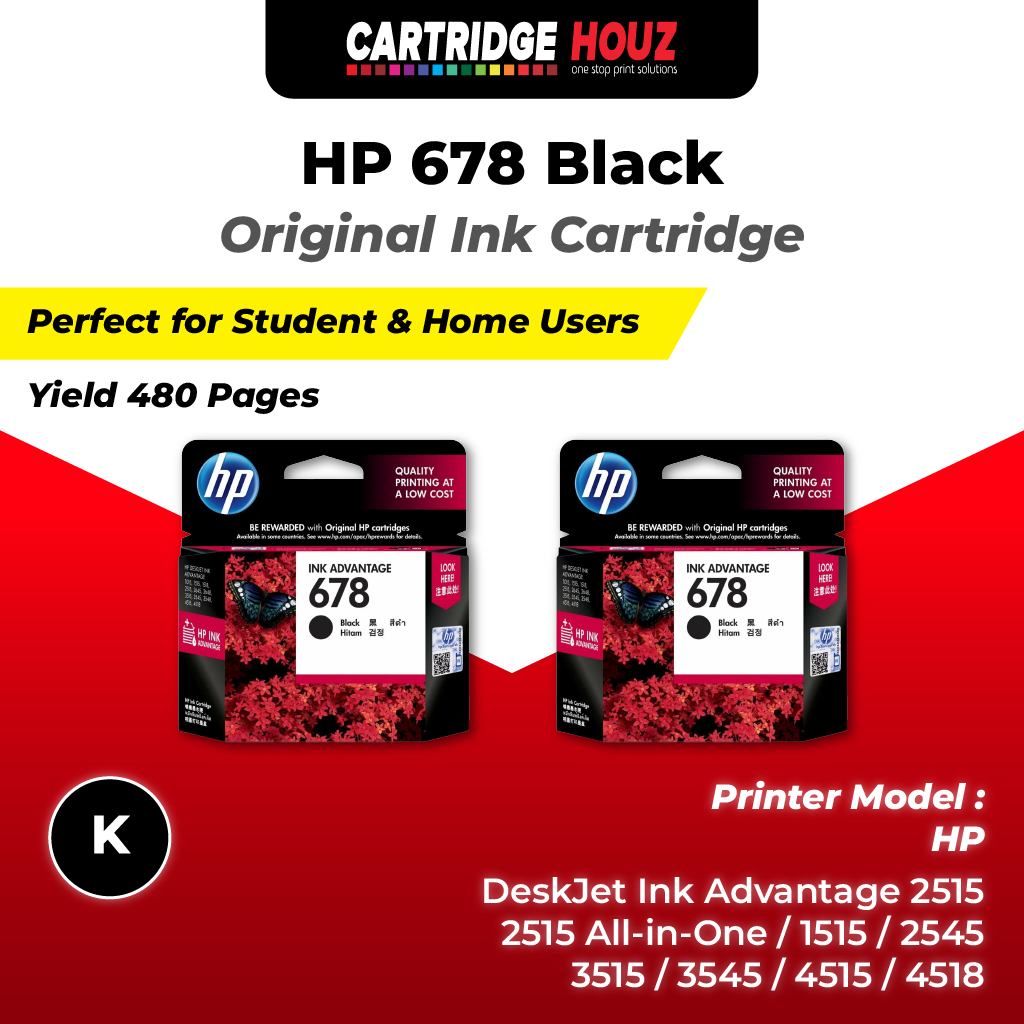HP 678 Black Single Pack HP678 2units BK for HP DeskJet 1015 1515 1518 2515 2545 2548 2645 2648 ...