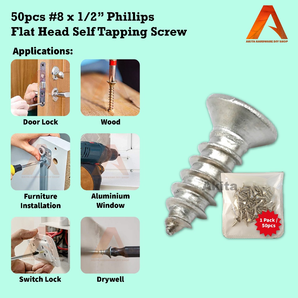 50pcs 8# x 1/2'' Phillips Flat Head Self Tapping Screw Cross Flat DIY ...