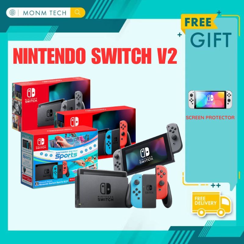 Nintendo Switch V2 Game Console - Black Blue/Red Joycon with Neon Blue ...