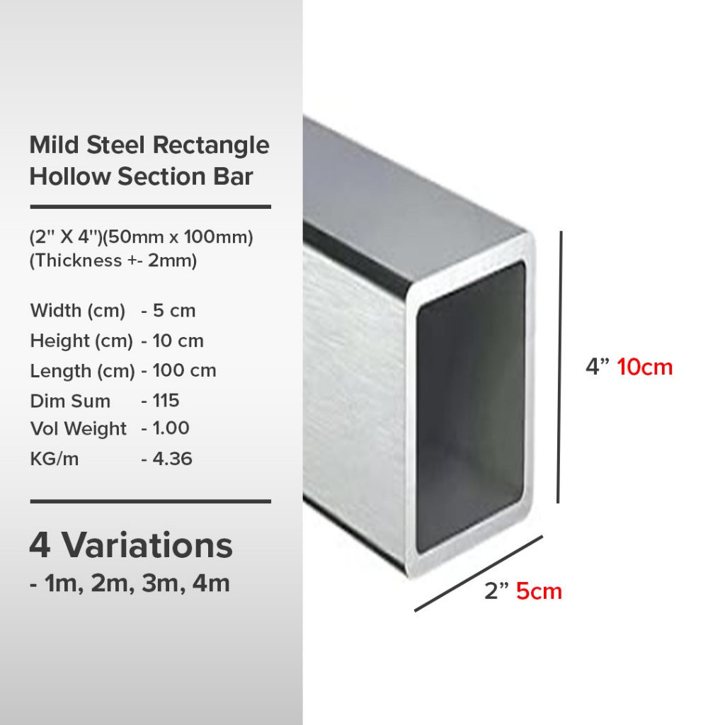 (2'' X 4'')(50mm x 100mm)(Thickness +- 2mm) Mild Steel Rectangle Hollow ...