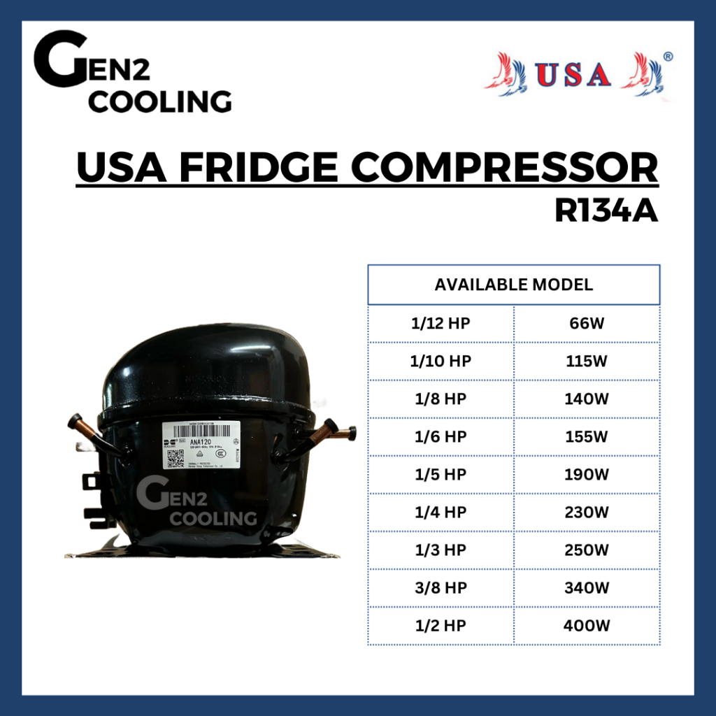 USA FRIDGE COMPRESSOR R134A GAS 1/2HP 3/8HP 1/3HP 1/4HP 1/5HP 1/6HP 1 ...