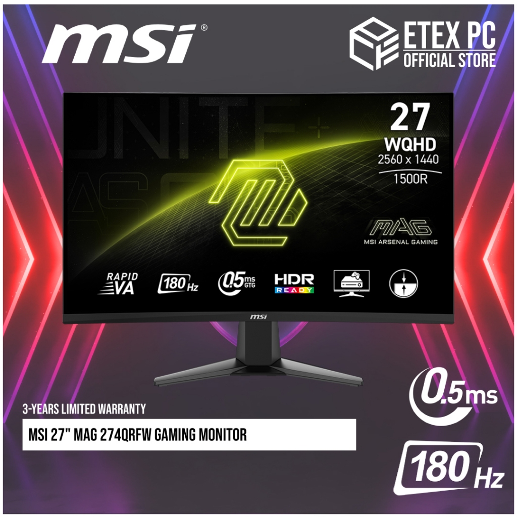 MSI 27" MAG 27CQ6F Curved Gaming Monitor - Rapid VA Panel / WQHD / 180Hz / 0.5ms / Adaptive-Sync ...