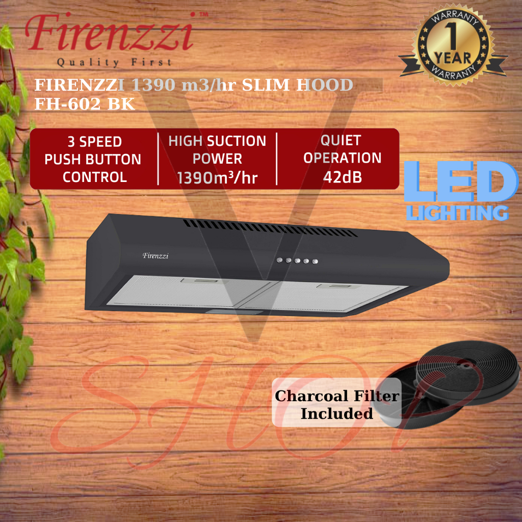 FIRENZZI 1390m³/hr || 1490m³/hr SLIM HOOD || COOKER HOOD FH-602 BK || FH-902 BK | Shopee Malaysia