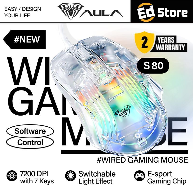 AULA S80 Transparent Gaming Mouse - RGB Light Effect, 6-speed DPI ...