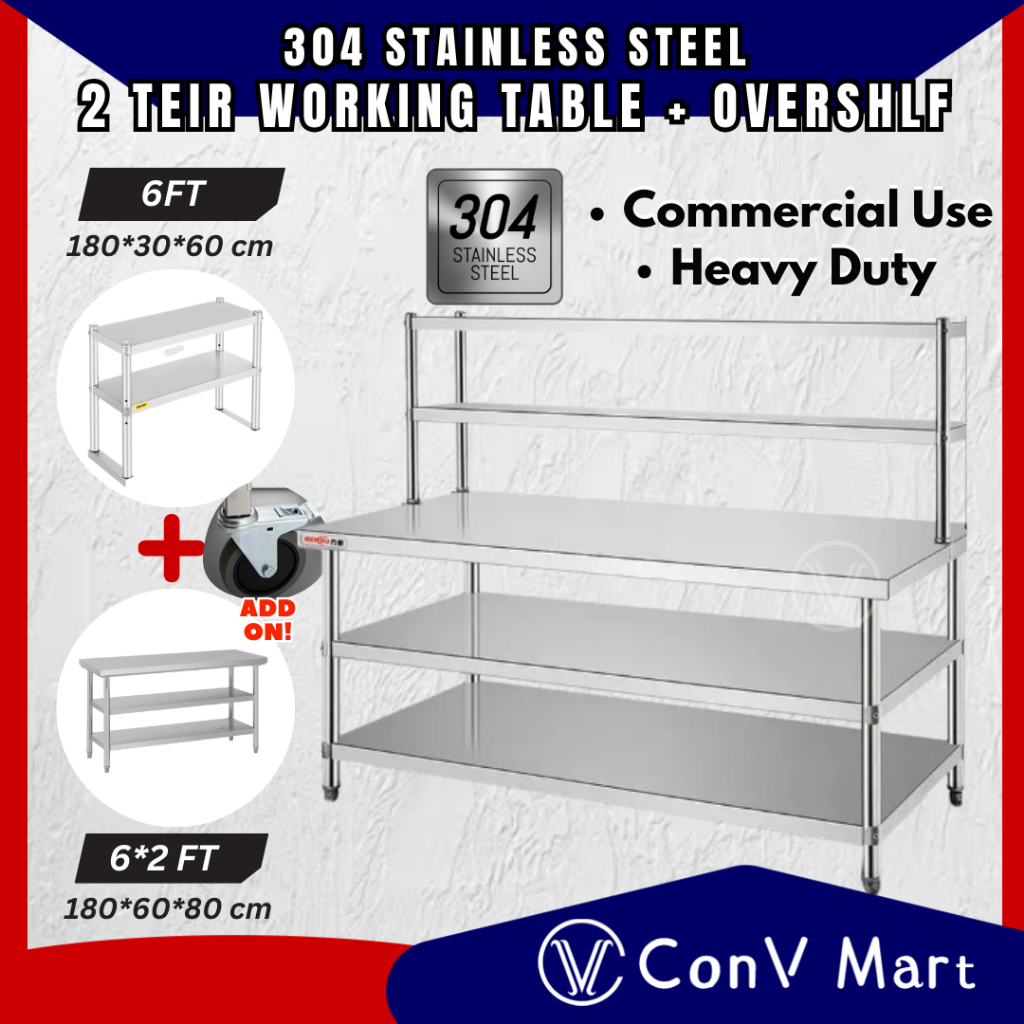 180*60cm (6FT) 3 Tier Stainless Steel Working Table Workbench with Over ...