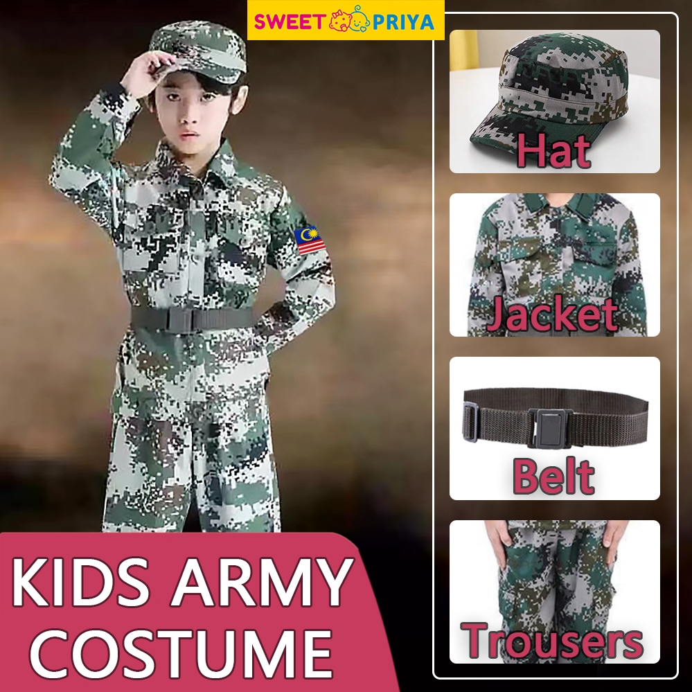 💥Ready Stock💥 Kids Army Costume Military Uniform With Belt Hat Tentera ...