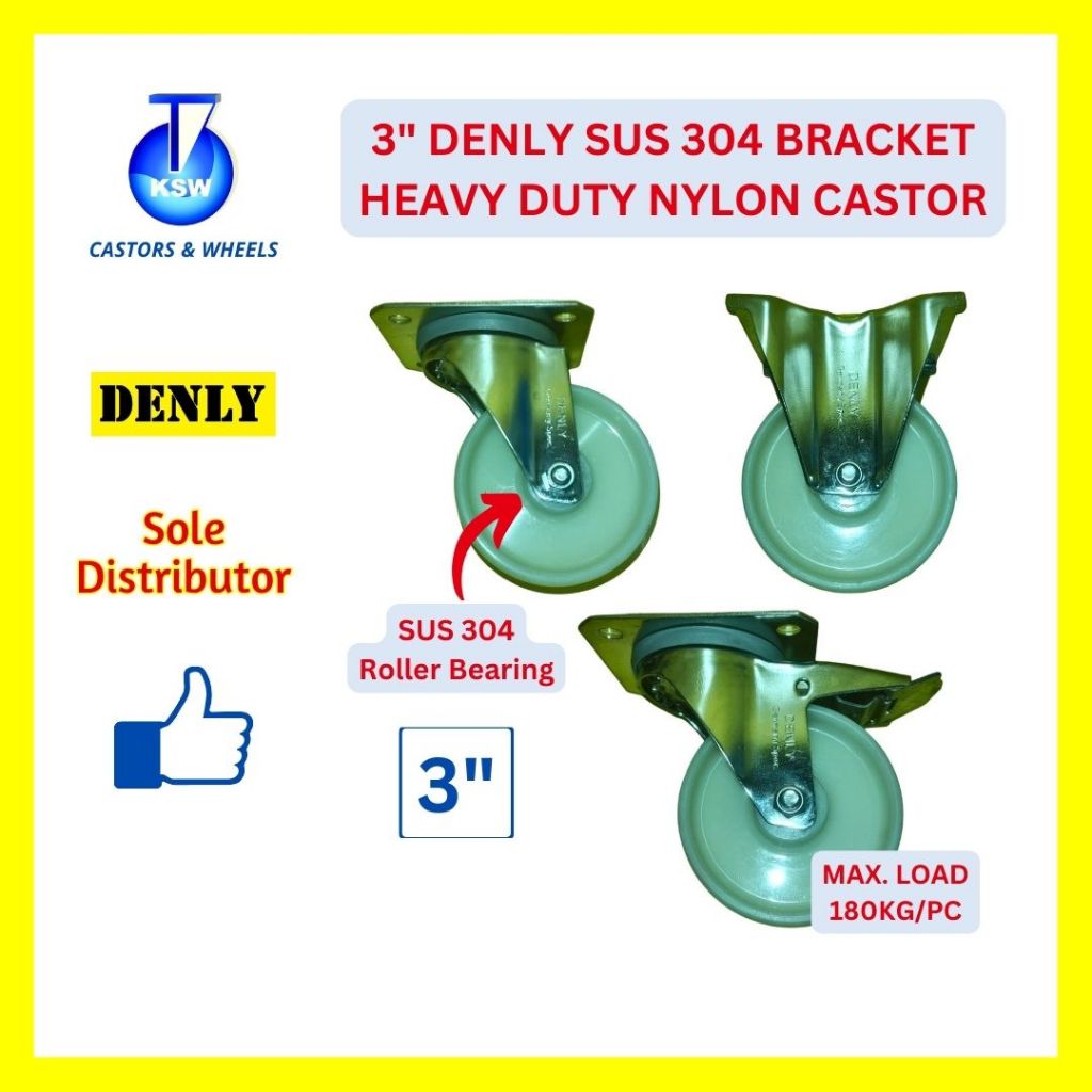 DENLY 3"/80mm Heavy Duty SUS 304 High Quality Industrial Nylon Castor ...
