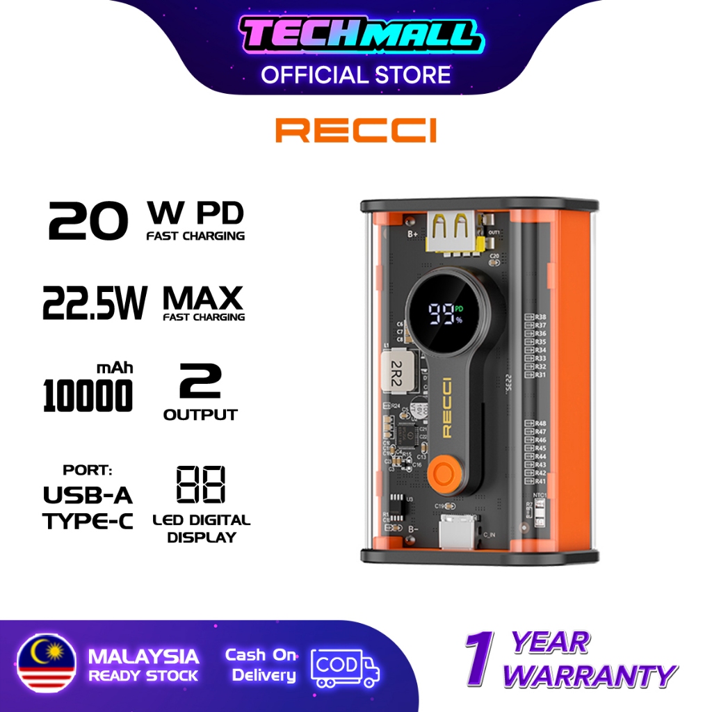 RECCI RPB_P35 PD20W + 22.5W TRANSPARENT FAST CHARGE POWER BANK 10000MAH | Shopee Malaysia