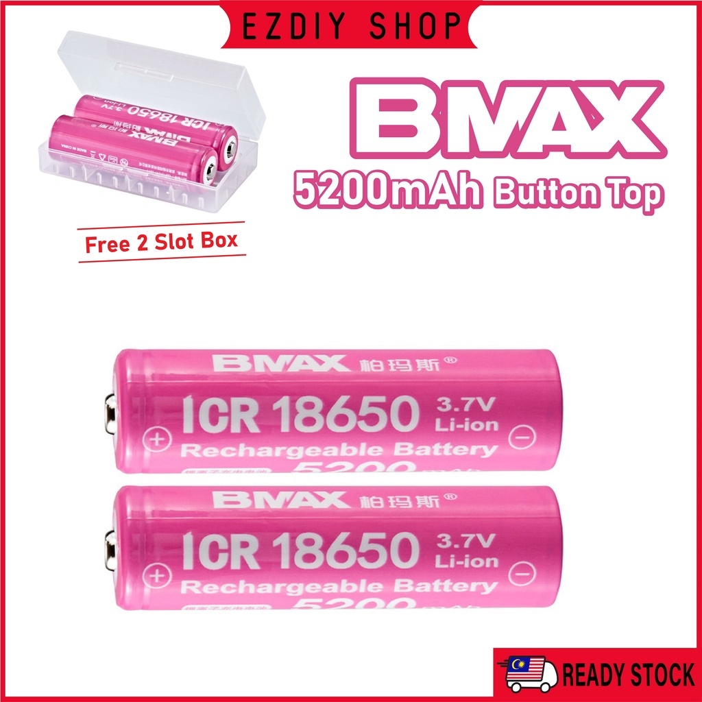 3.7V 18650 5200mAh Bmax Button Top Rechargeable Li-ion Lithium Battery ...