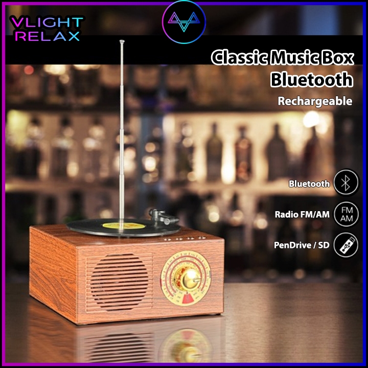 VLight Relax Classic Music Box Radio Bluetooth Speaker Bass Vinyl ...