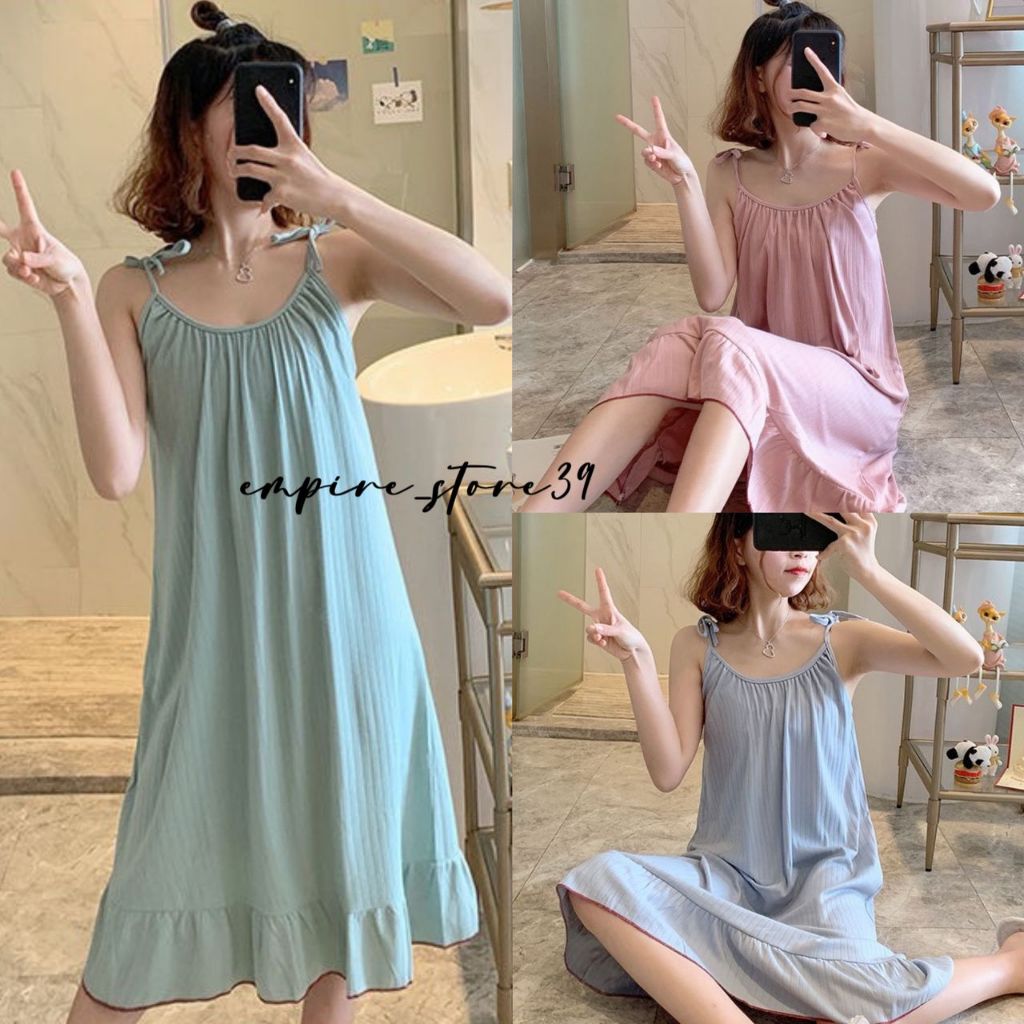 Ready Stock Women Spaghetti Strap Pajamas Dress Solid Color Sleeveless ...