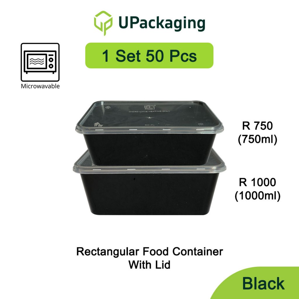 [50 Pcs] PREMIUM BLACK PLASTIC CONTAINER with Transparent Lunch Box ...
