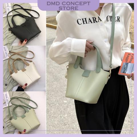 Two Tone Double Handle Bucket Bag Casual Shoulder Bag Simple Lady Style ...