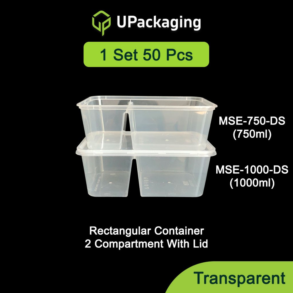 [50 Pcs] 2 COMPARTMENTS PLASTIC CONTAINER Transparent Lunch Box with ...
