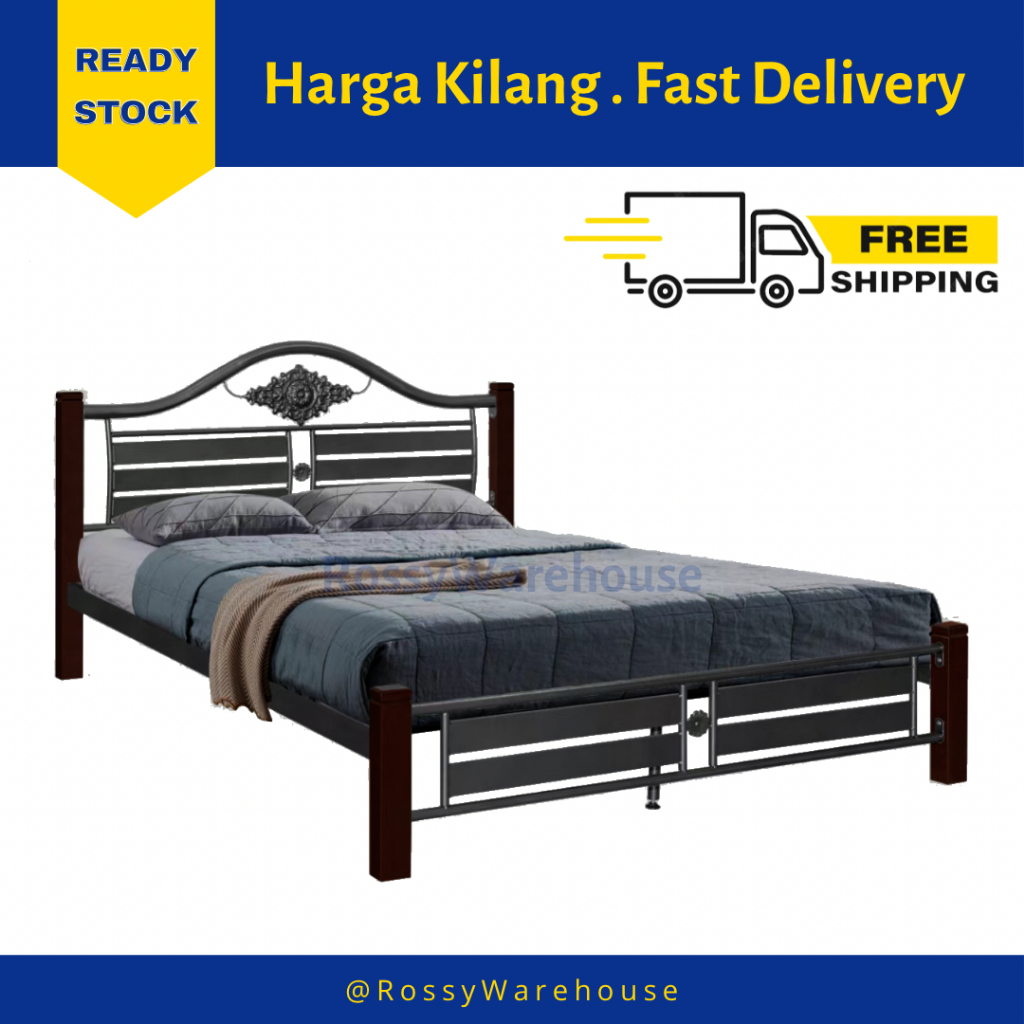 Slat Base Metal Queen Bed / Double Bed Bedroom Furniture / Katil Queen ...