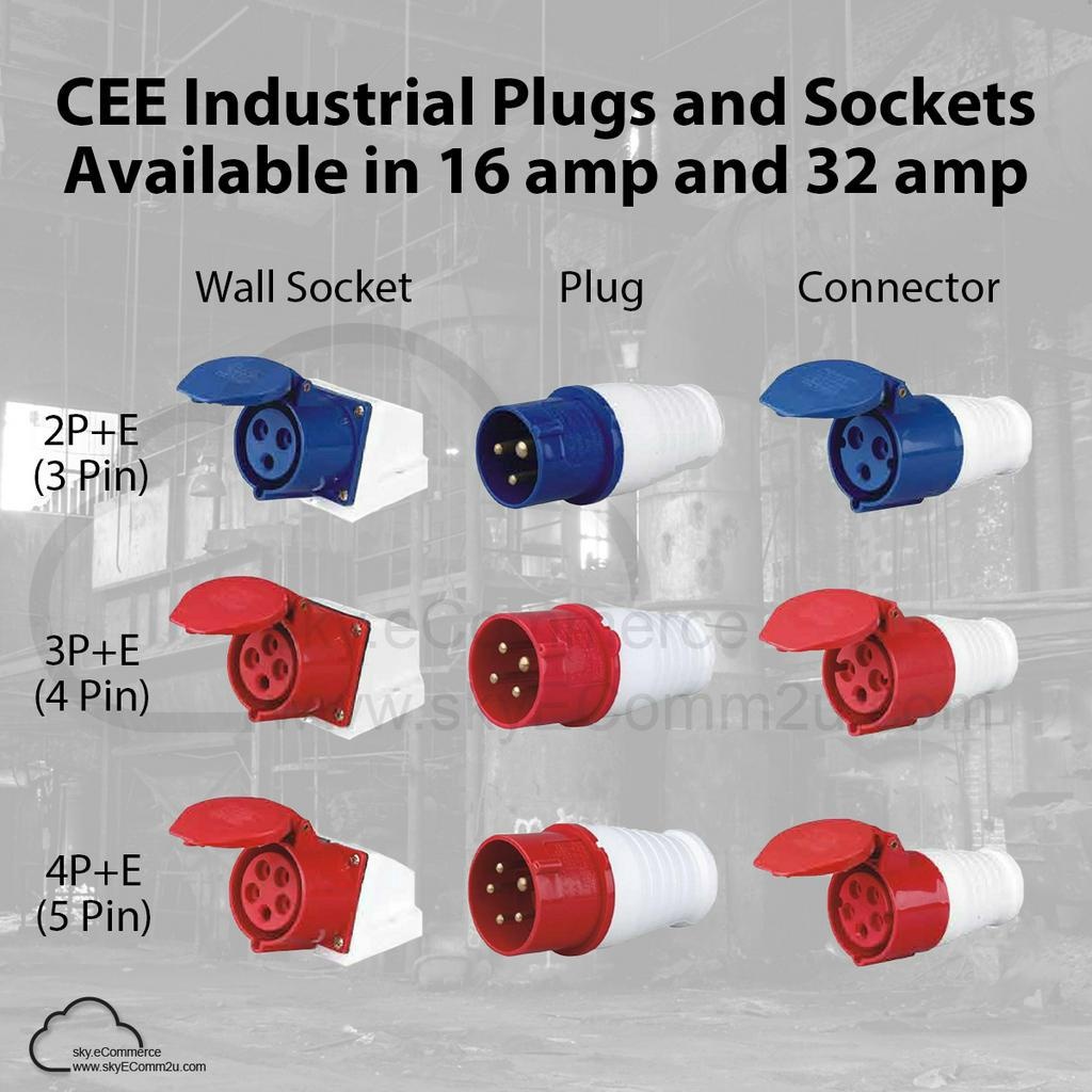 CEE INDUSTRIAL PLUG WALL SOCKET CONNECTOR 16A 32A 3 PIN 4 PIN 5 PIN SINGLE PHASE 240V THREE ...