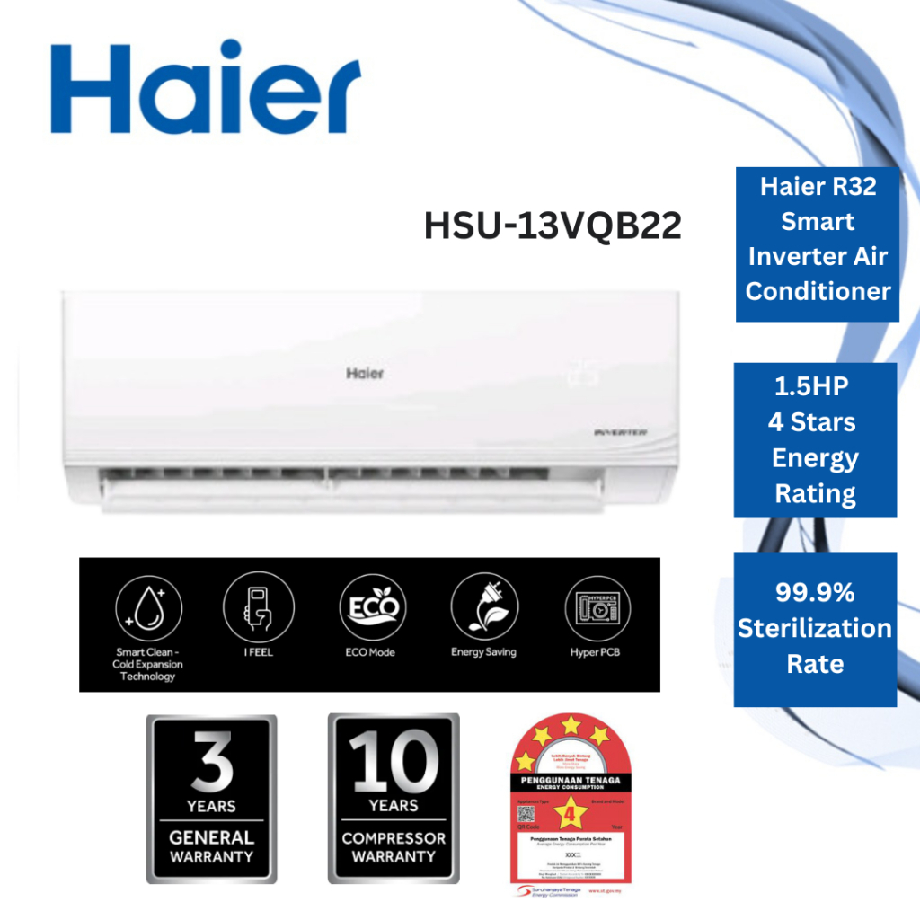 Haier 1.0HP R32 Smart Inverter VQB Series 4 Star Air Conditioner HSU-10VQB2 with installation ...