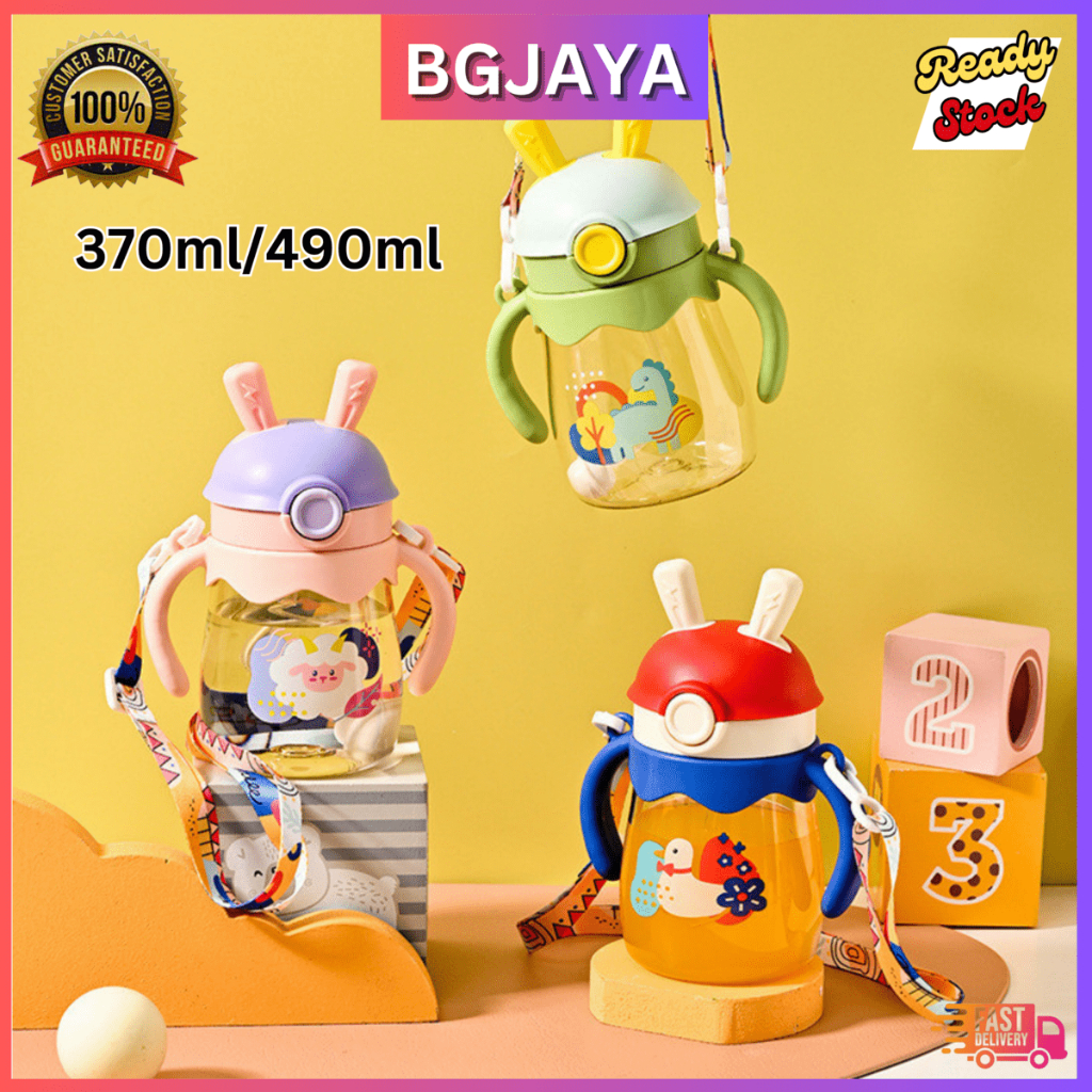 370ML/490ml Kids Water Bottle Cute Cartoon Drinking Bottle with Straw and Strap BPA Free Botol ...